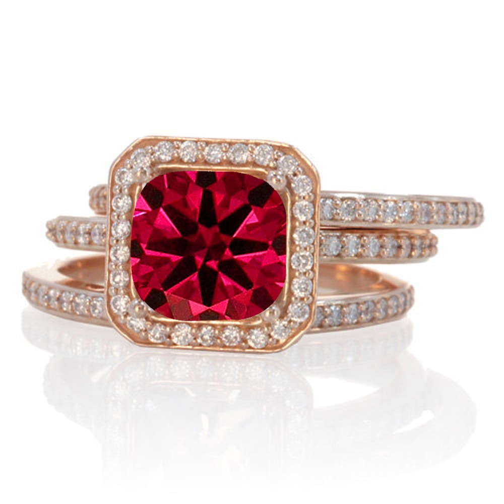 2 50 Carat Perfect Princess Cut Ruby And Diamond Trio Halo Wedding Ring