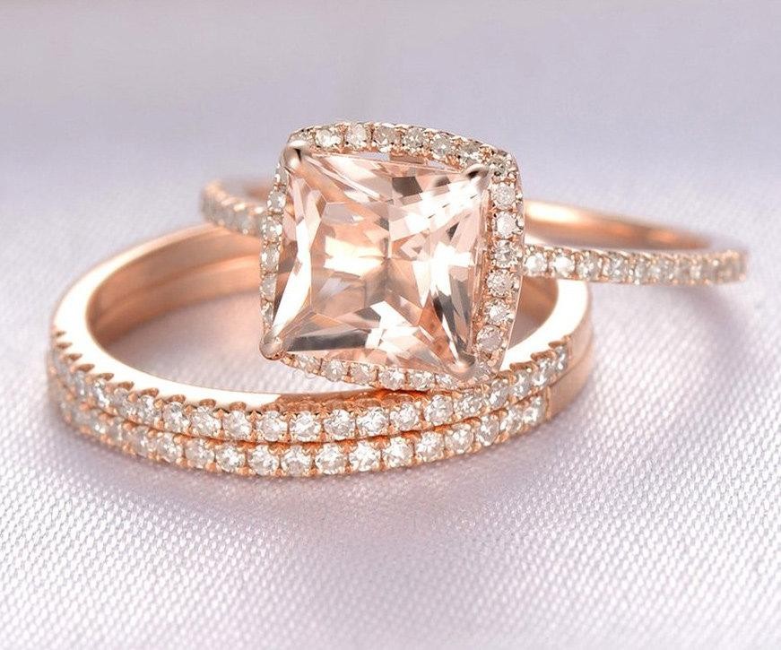 Sale 2 Carat Morganite And Diamond Trio Wedding Bridal Ring Set In 10k