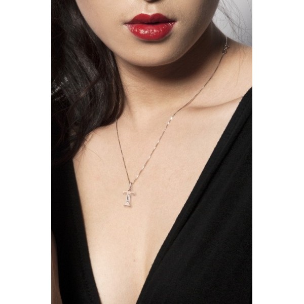 "T" initial Diamond Alphabet Pendant on 18k White Gold - JeenJewels