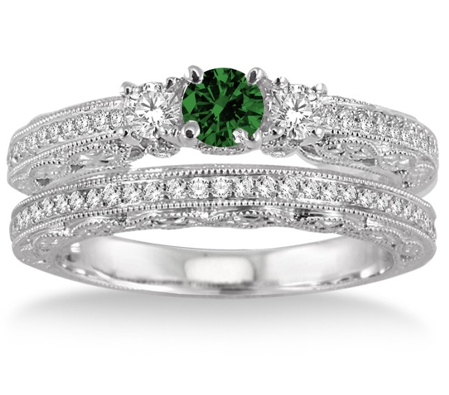 2 Carat Emerald & Diamond Antique Bridal set on 10k White Gold - JeenJewels