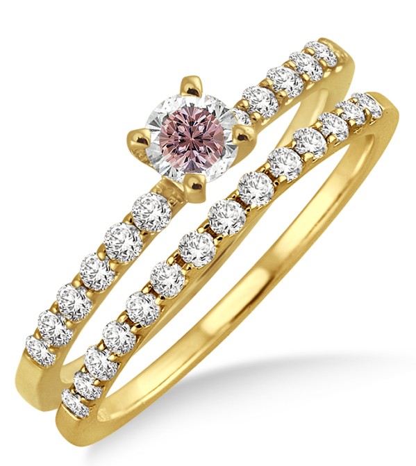 1.25 Carat Morganite & Diamond Bridal Set on 10k Yellow Gold - JeenJewels