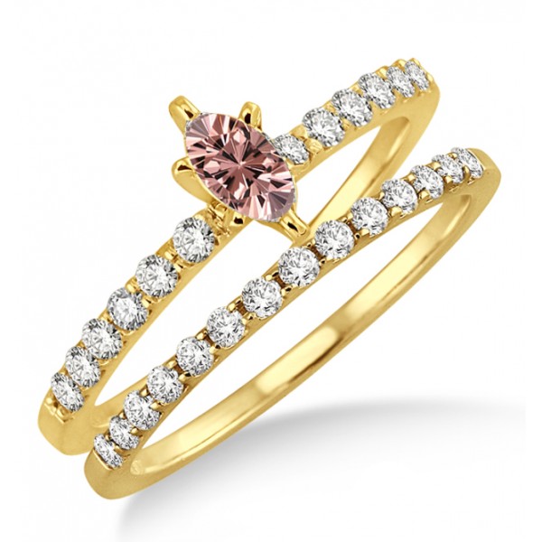 1.25 Carat Morganite & Diamond Bridal Set on 10k Yellow Gold - JeenJewels