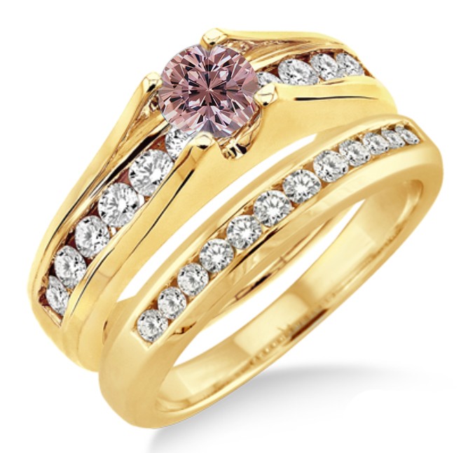 1.25 Carat Morganite & Diamond Bridal Set on 10k Yellow Gold - JeenJewels