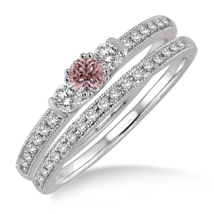 1.5 Carat Morganite & Diamond Three Stone Bridal Set on 10k White Gold ...