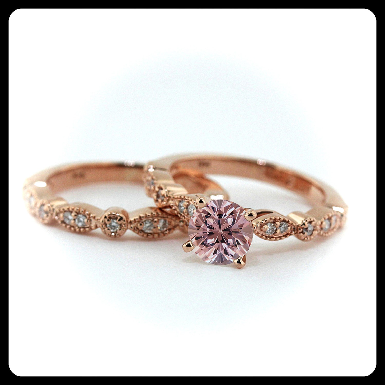 2.00 carat Round Cut Morganite and Diamond Halo Bridal Set in 10k Rose ...
