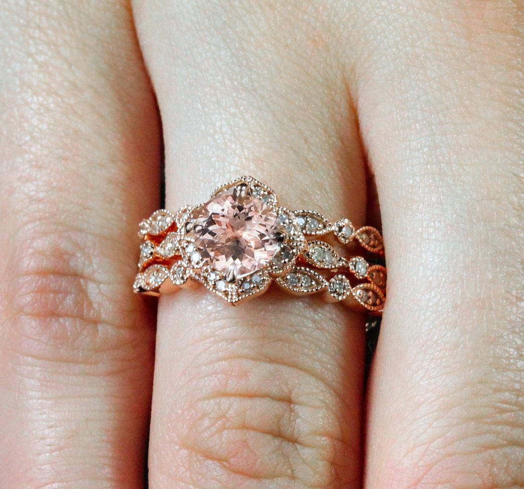 2 Carat Morganite And Diamond Trio Wedding Bridal Ring Set In 10k Rose