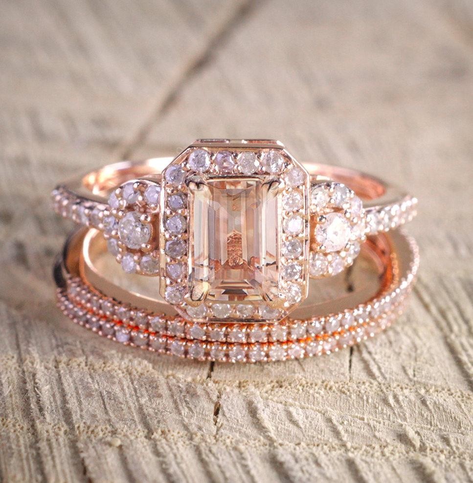 Limited Time Sale 2 Carat Morganite And Diamond Trio Ring Set In 10k
