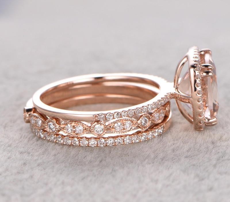 Limited Time Sale 2 Carat Morganite Diamond Trio Wedding Bridal Ring