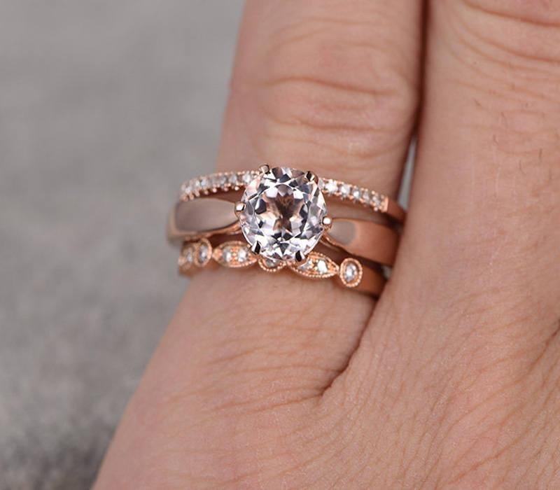Limited Time Sale 2 Carat Morganite And Diamond Trio Ring Set In 10k